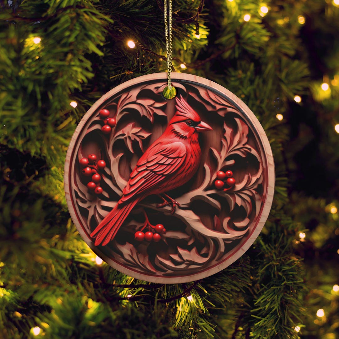 Cardinal Ornament, 2D Flat Design, 3D Effect wood Carved Optical ...