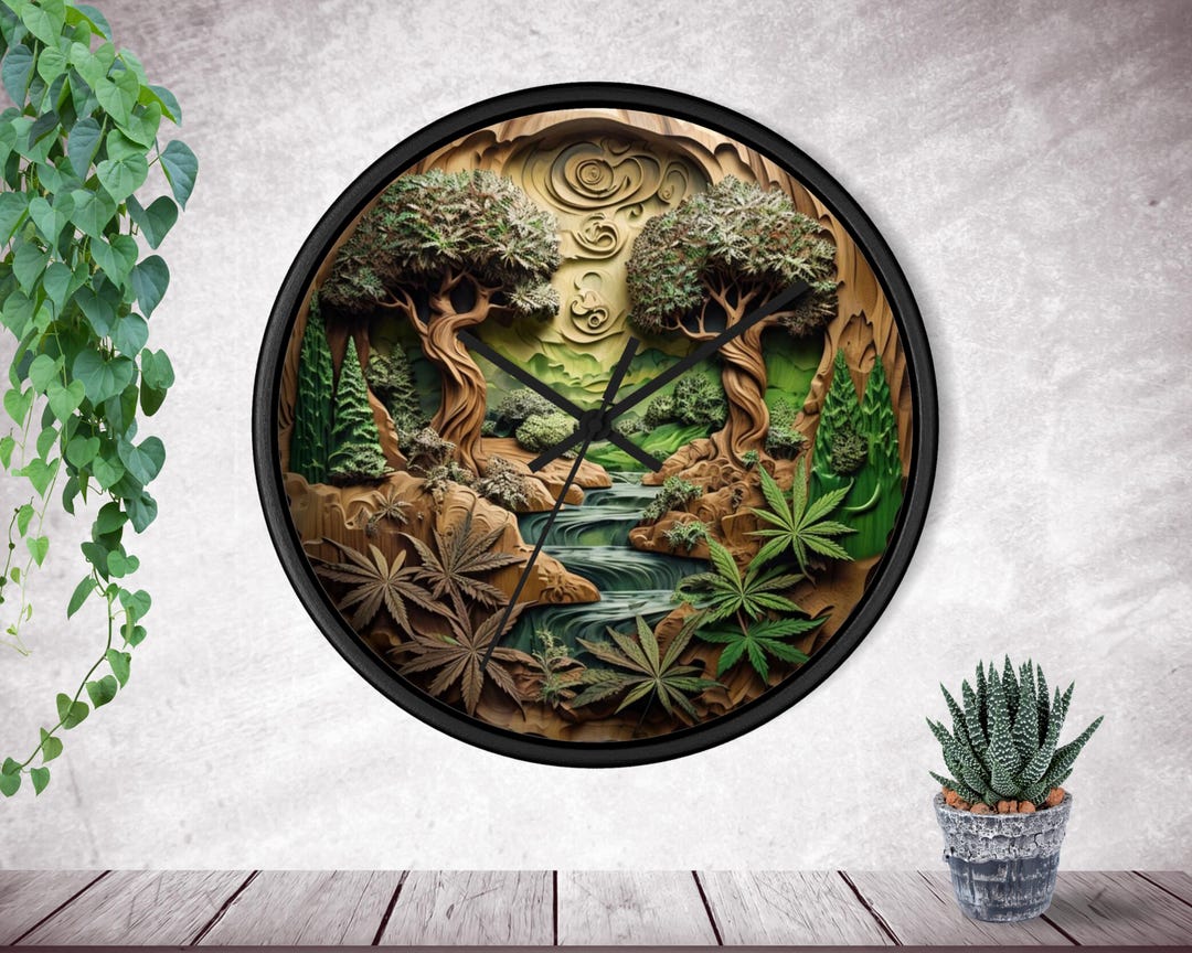 Cannabis Wall Clock, 2D Flat Design, 3D Effect wood Carved Optical ...