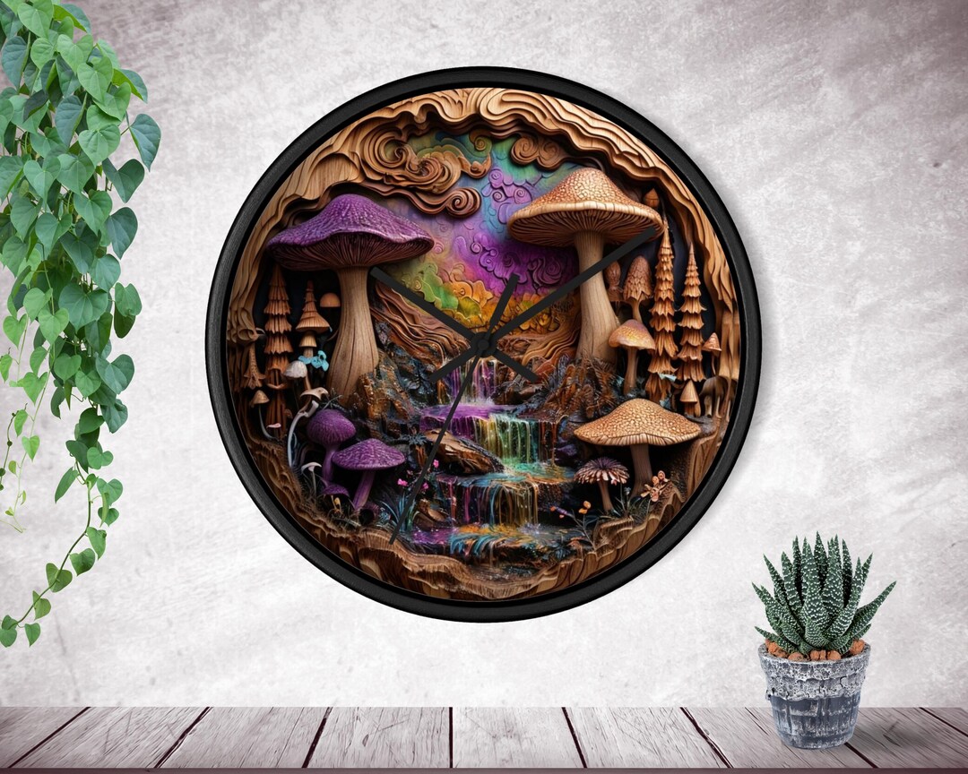 Trippy Mushroom Wall Clock, Rustic wood Carved Round Clock, Unique Wall ...