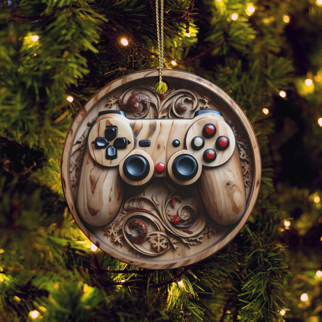 Game Controller Ceramic Christmas Ornament With Wood Carved Illusion - Etsy