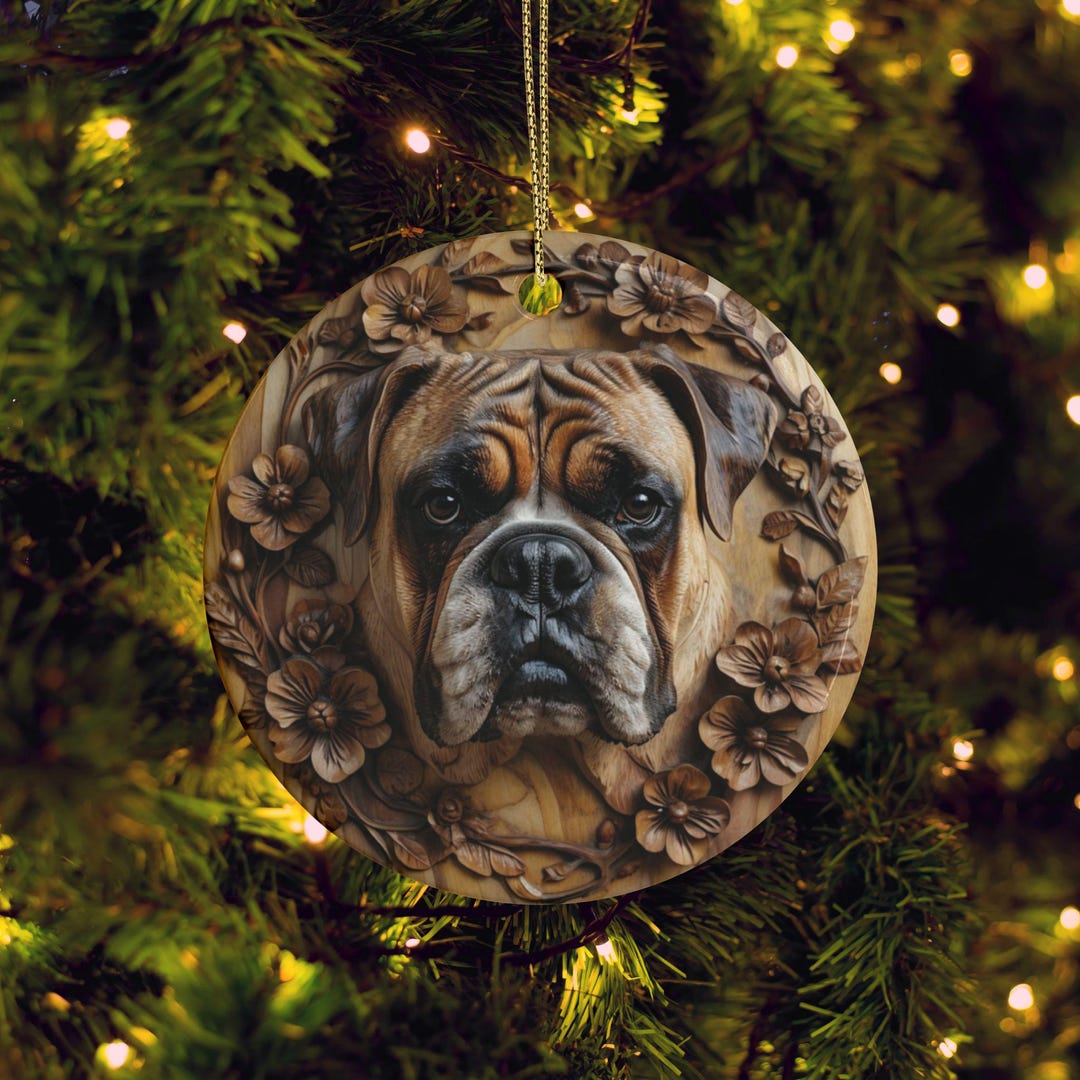 Boxer Dog Ornament, 2D Flat Design, 3D Effect wood Carved Optical ...