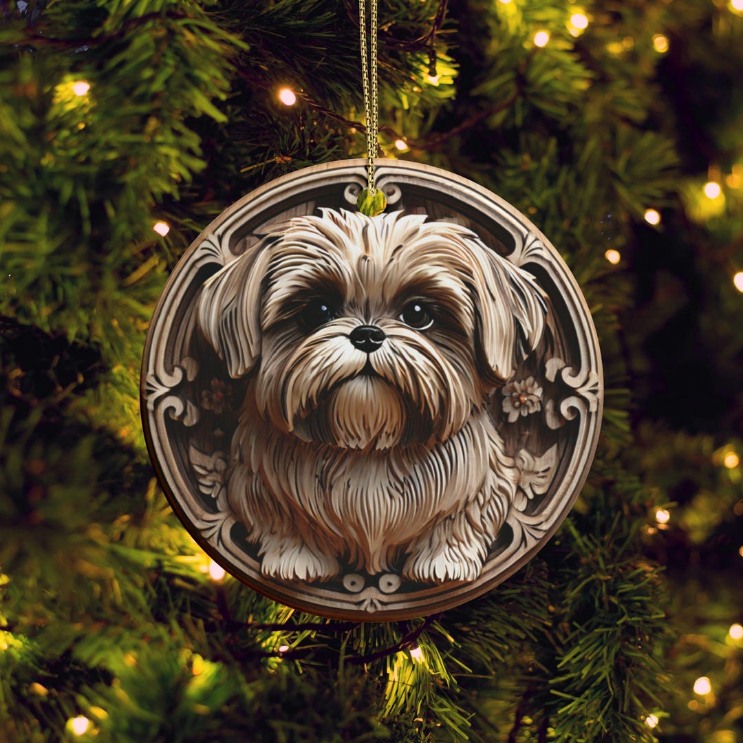 Shih Tzu Ornaments, 2D Flat Design, 3D Effect wood Carved Optical ...