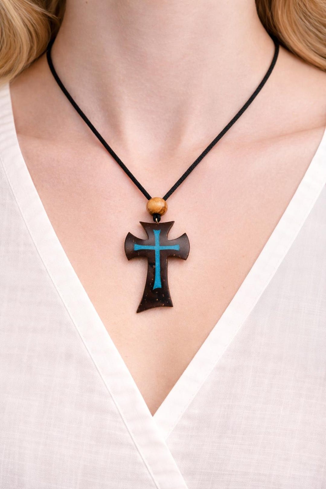 Handmade Coconut Shell Cross Necklace – Turquoise Inlay, Adjustable ...