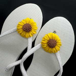 Handmade Sunflower Flip-flops | White Summer Sandals | Beachwear | Boho ...