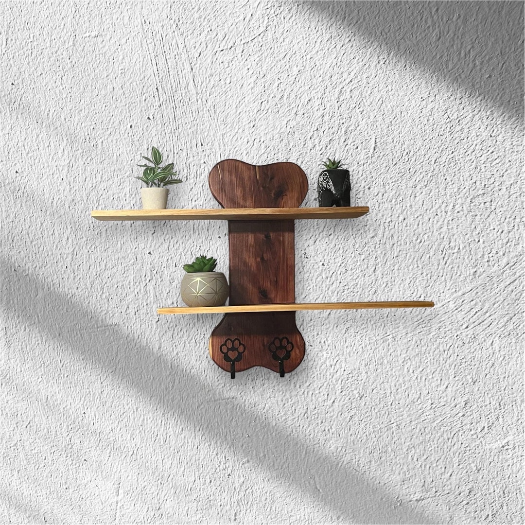 Rustic Dog Bone Wall Shelf With Hooks Wooden Pet Decor and Storage for ...