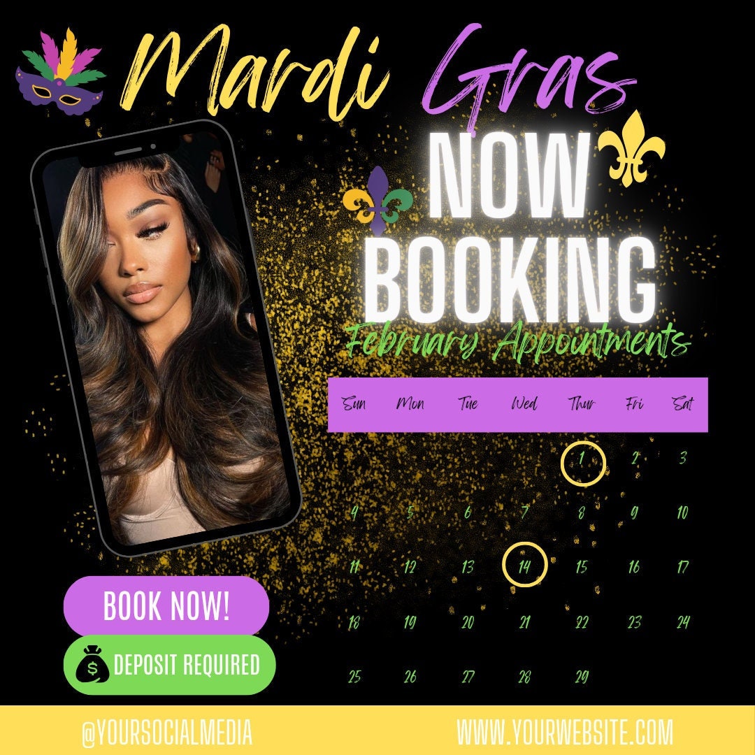 Mardi Gras Bookings Flyer, Book Now Flyer, Mardi Gras Appointment Flyer ...