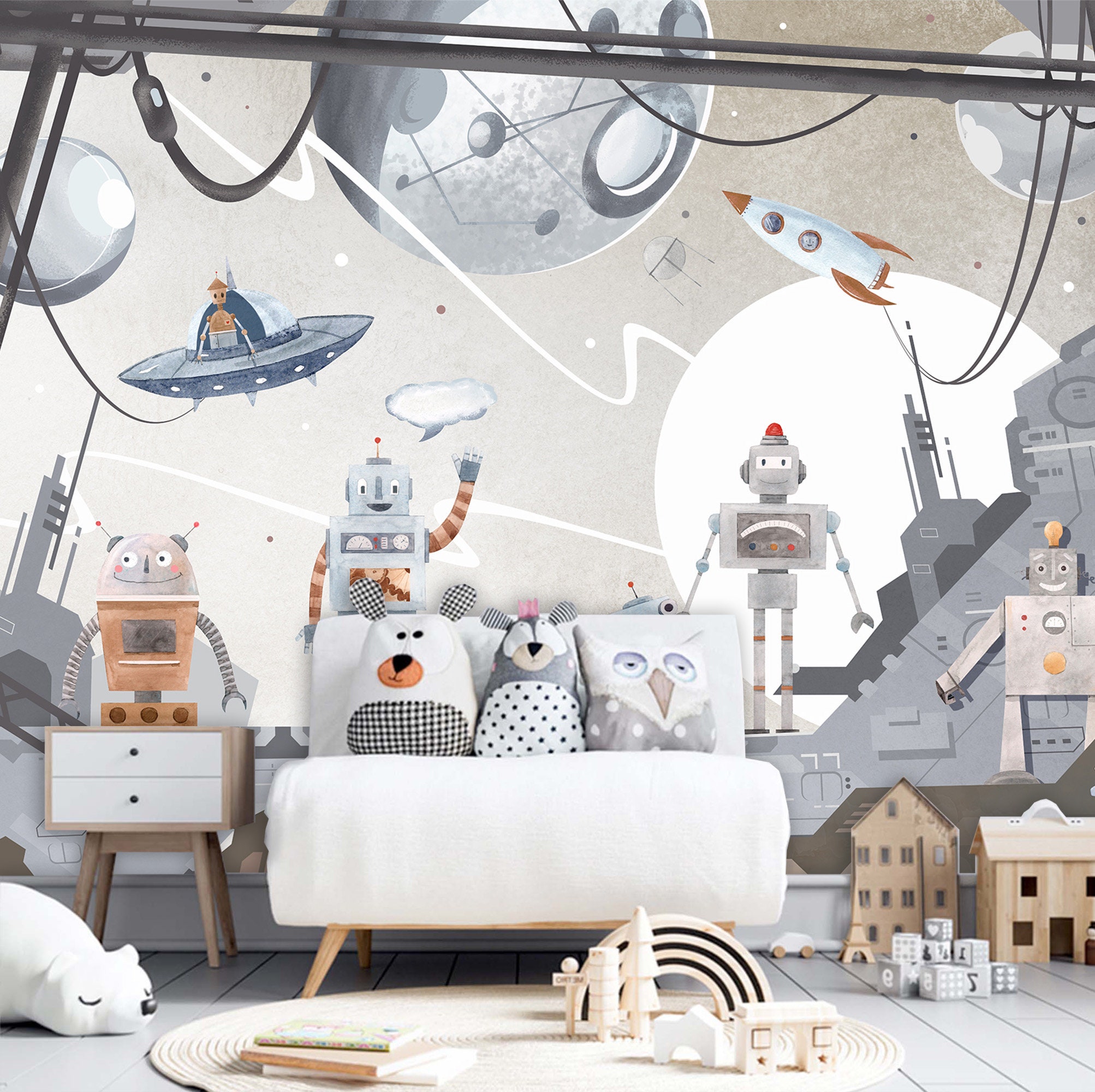 Planet of Robots Kids Wallpaper Peel and Stick Watercolor Wallpaper for ...