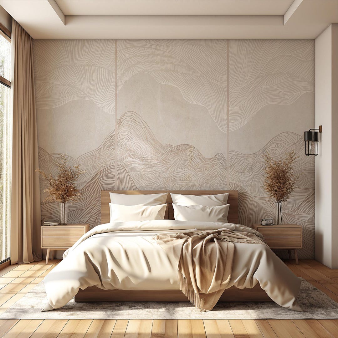 Beige Mountain Line Wallpaper: Abstract Sketched Wall Mural - Etsy