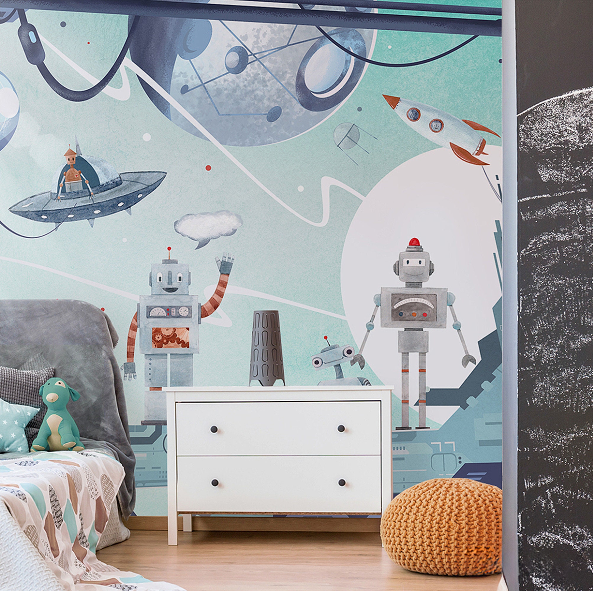 Planet of Robots Kids Wallpaper Peel and Stick Watercolor Wallpaper for ...