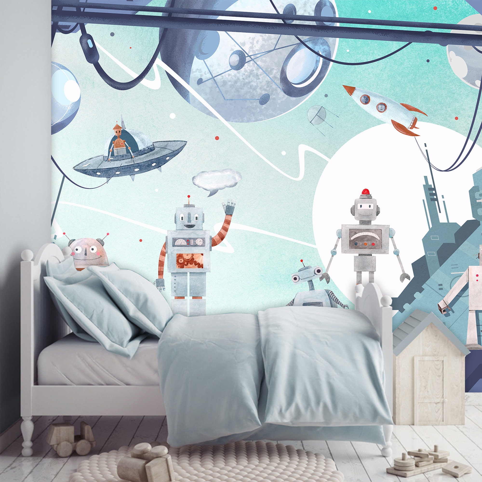 Planet of Robots Kids Wallpaper Peel and Stick Watercolor Wallpaper for ...