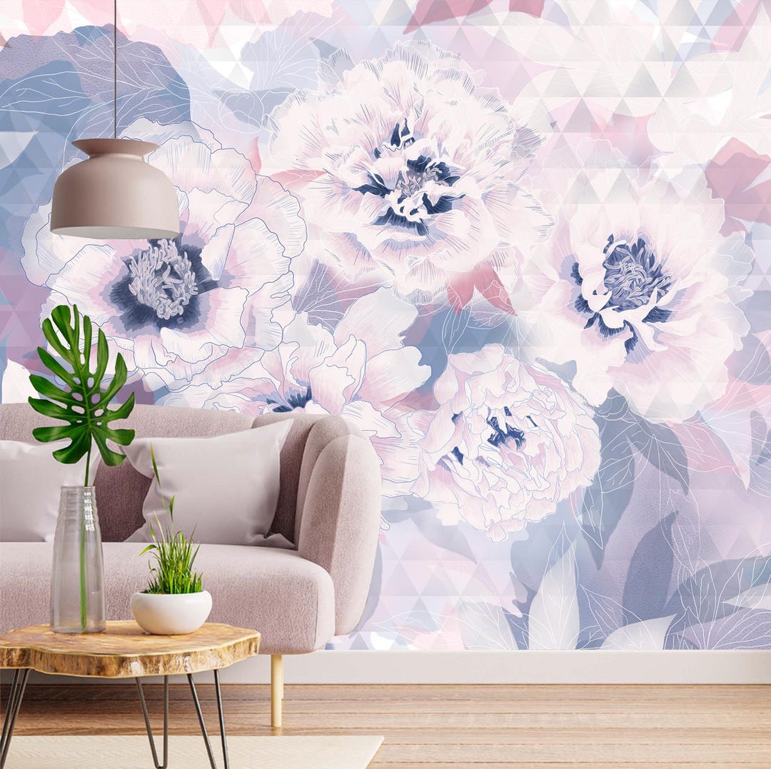 Watercolor Peony Flower Wallpaper Geometric Wallpaper Peel and Stick ...