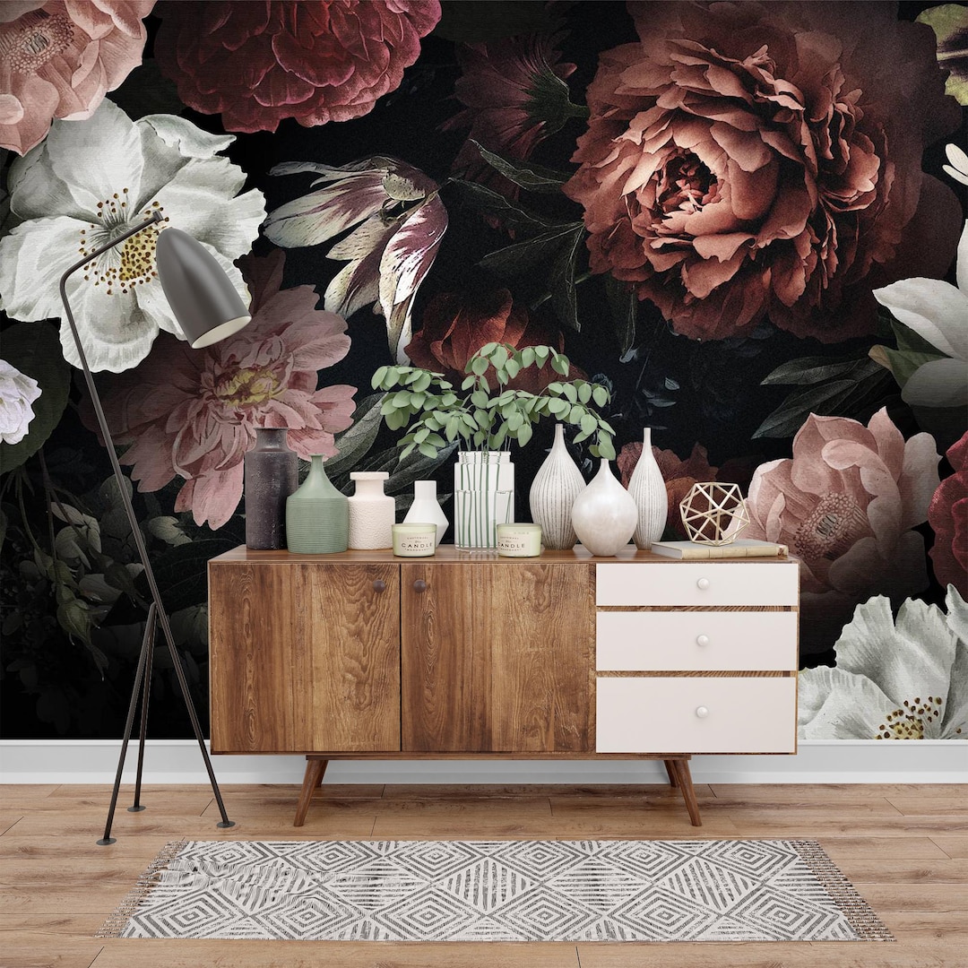 Dark Academia Floral Peel and Stick Wallpaper: Moody Botanical Mural - Etsy