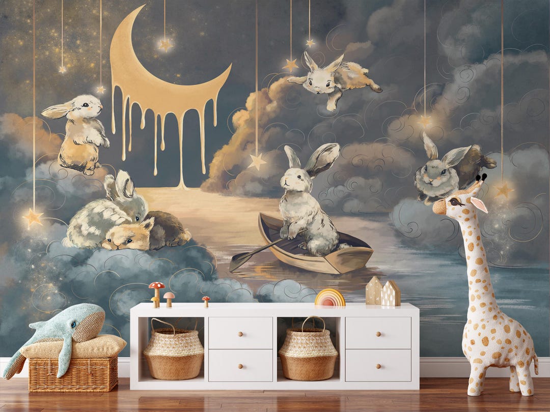Watercolor Bunny Nursery Wallpaper Dark Night Wallpaper Peel and Stick ...