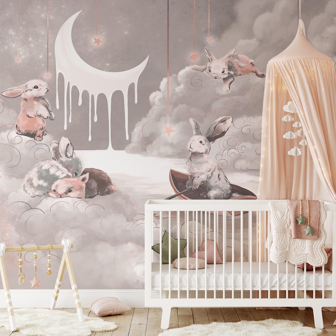 Watercolor Bunny Nursery Wallpaper Girls Room Magical Decor Peel and ...