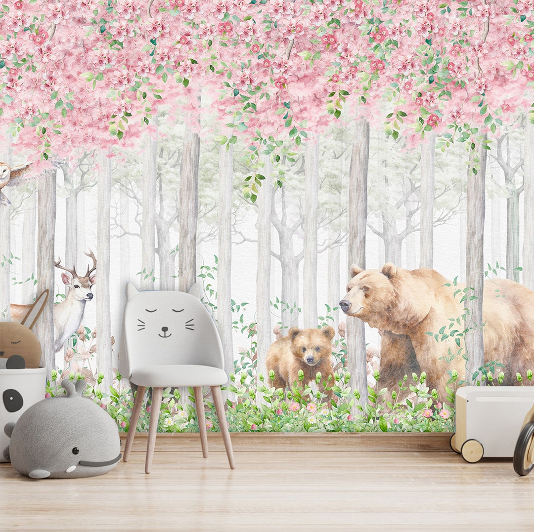 Kids Wallpaper Peel and Stick Cute Bear With Fox Wall Mural Watercolor ...