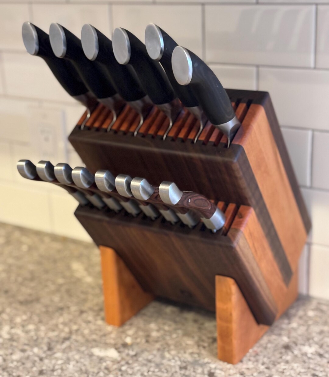 Personalizable Walnut & Cherry Knife Block: Two Tier Slotted Chef Knife ...