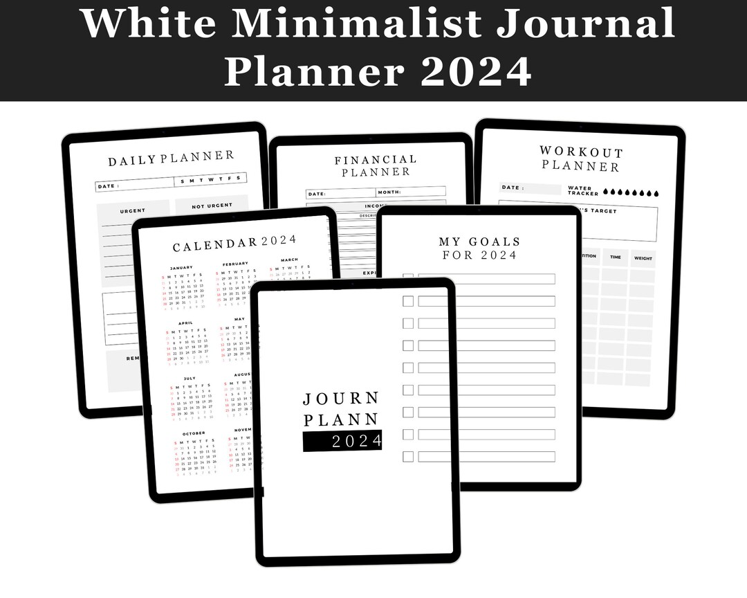 White Minimalist Journal Planner 2024, Monthly Planner, Editable ...
