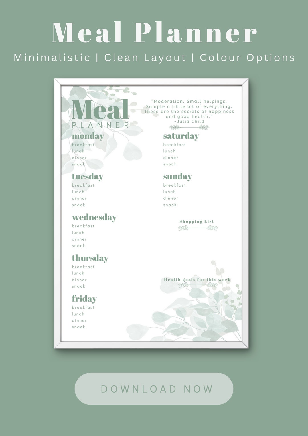 Printable Instant Download Weekly Meal Planner Eucalyptus Green - Etsy