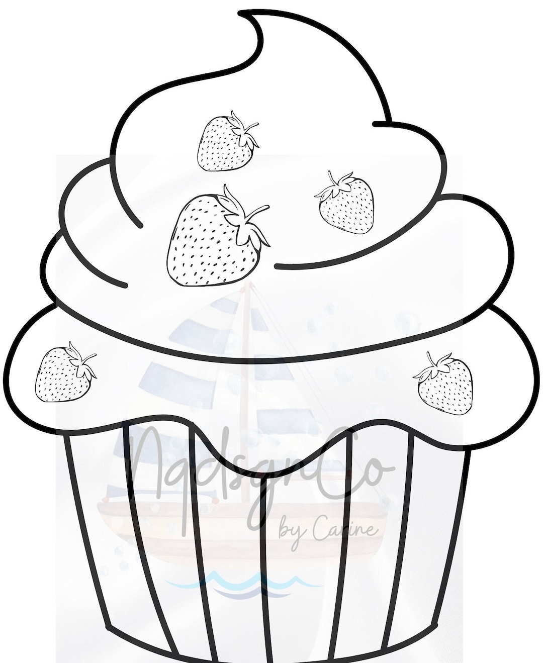 Digital Coloring Page Cupcake W Strawberry- Digital Download for All ...