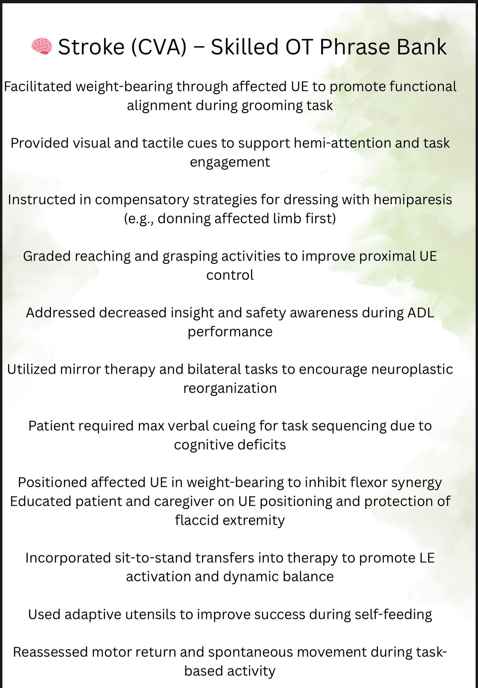 Skilled OT Phrase Bank – Stroke (CVA) | One-page PDF | Documentation ...