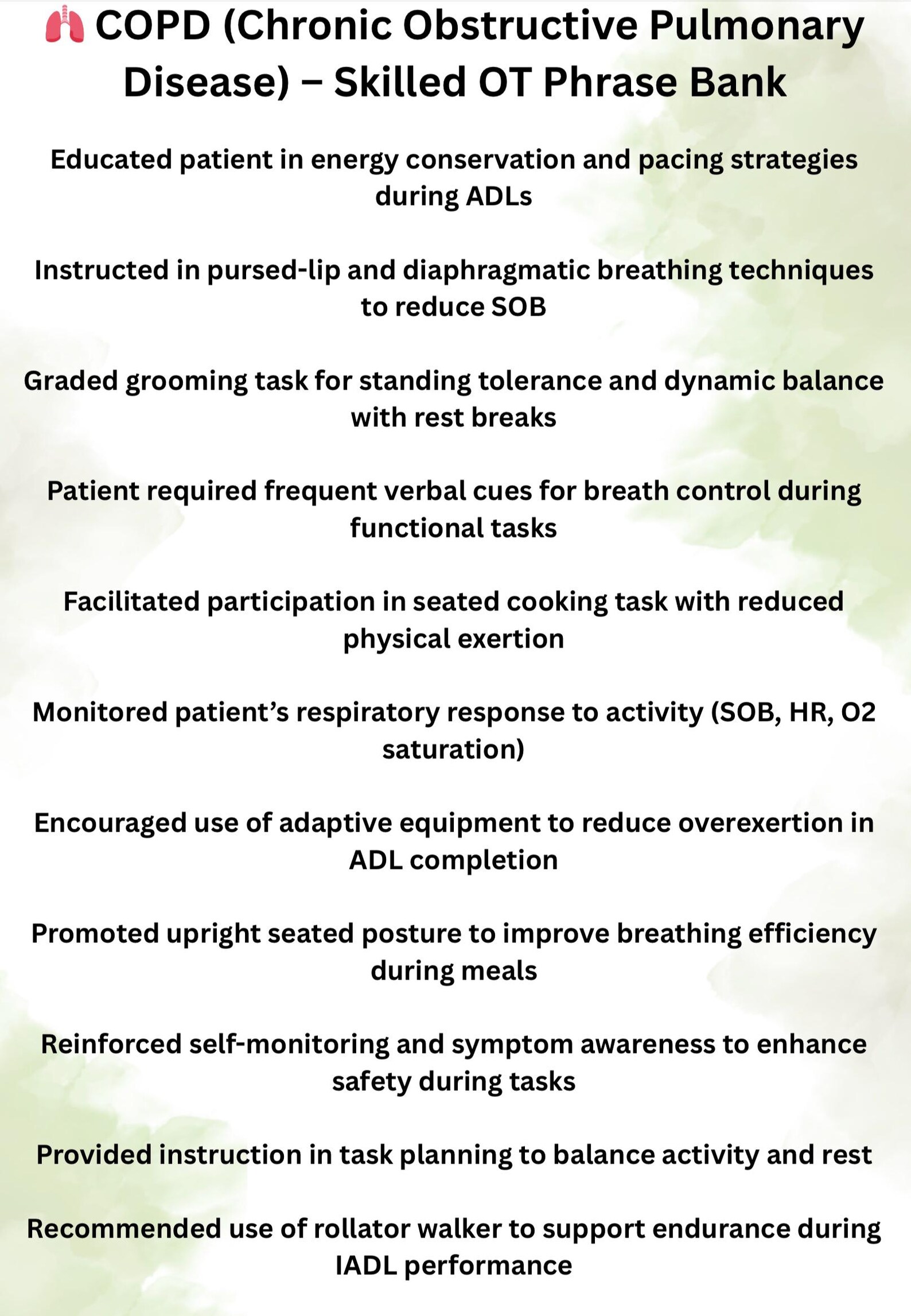 Skilled OT Phrase Bank – COPD (chronic Obstructive Pulmonary Disease) | One-page PDF ...