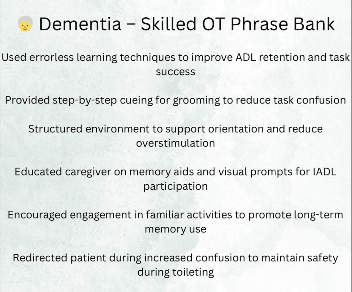 Skilled OT Phrase Bank – Dementia | One-page PDF | Documentation ...
