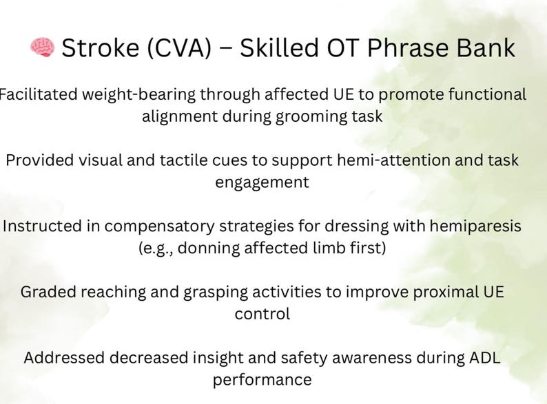 Skilled OT Phrase Bank – Stroke (CVA) | One-page PDF | Documentation ...