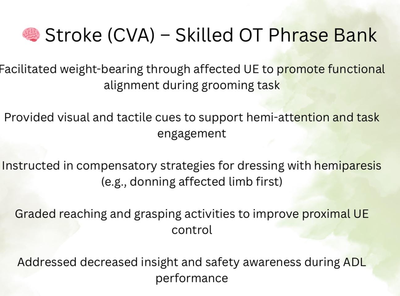 Skilled OT Phrase Bank – Stroke (CVA) | One-page PDF | Documentation ...
