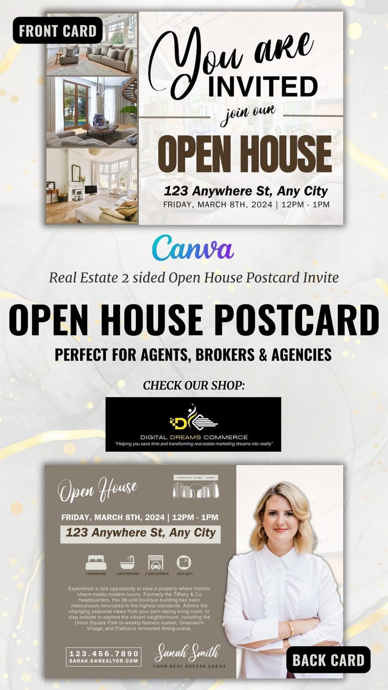 Real Estate Open House Postcard Invite Realtor Canva Template Broker ...