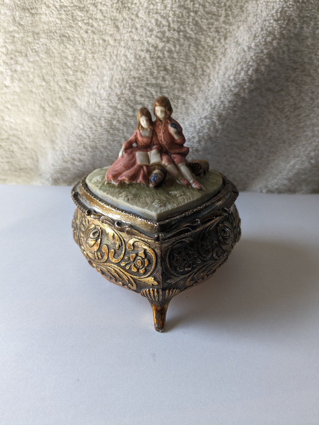 Vintage Hinged Trinket Box. Porcelain Top With Metal Base - Etsy