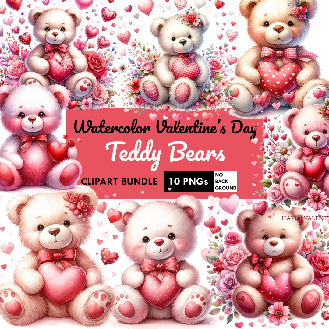 Watercolor Velntine's Day Teddy Bear Clipart 10 PNG Valentines Day ...