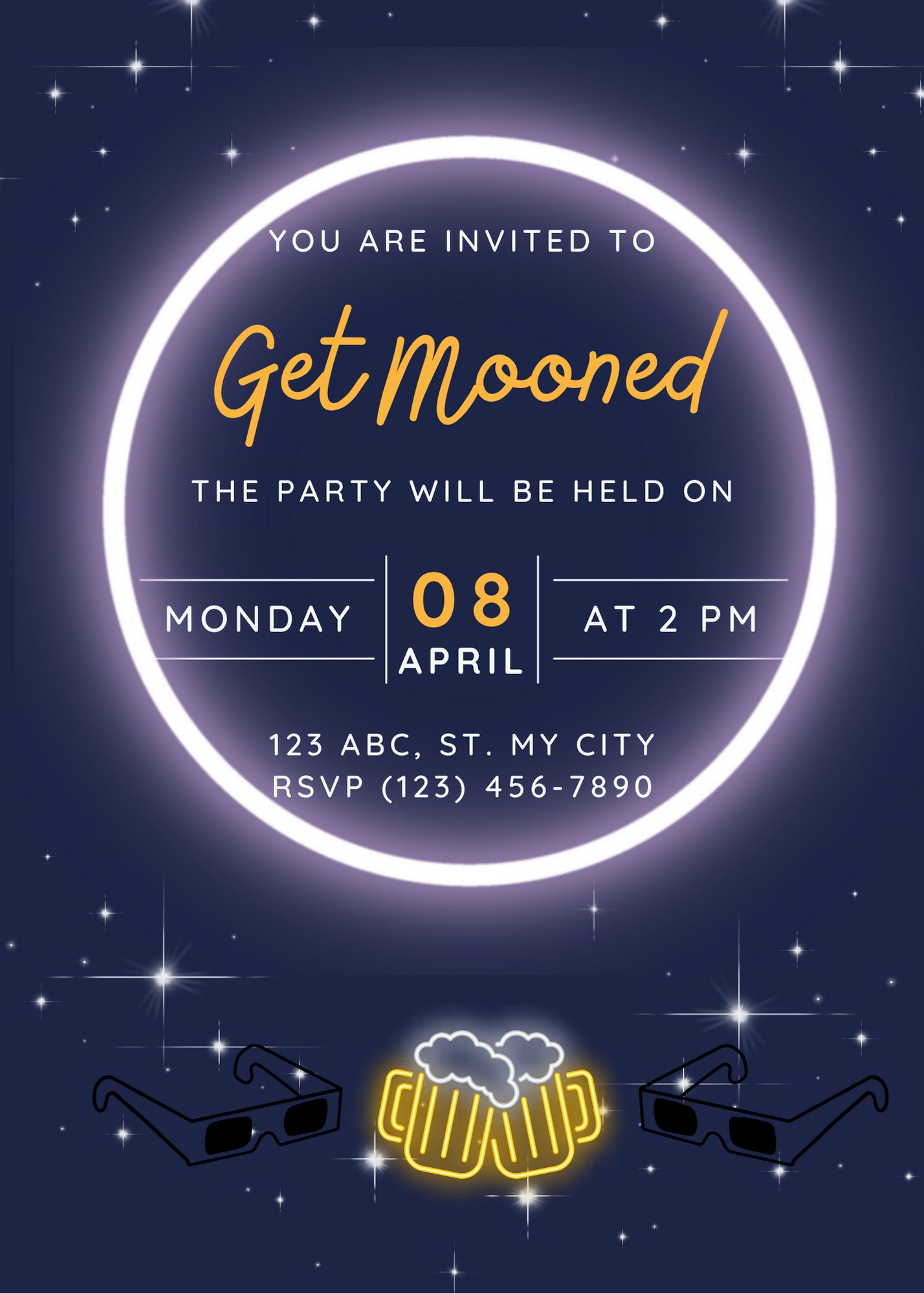 Solar Eclipse 2024 'get Mooned' Invitation Customizable Neon Printable ...