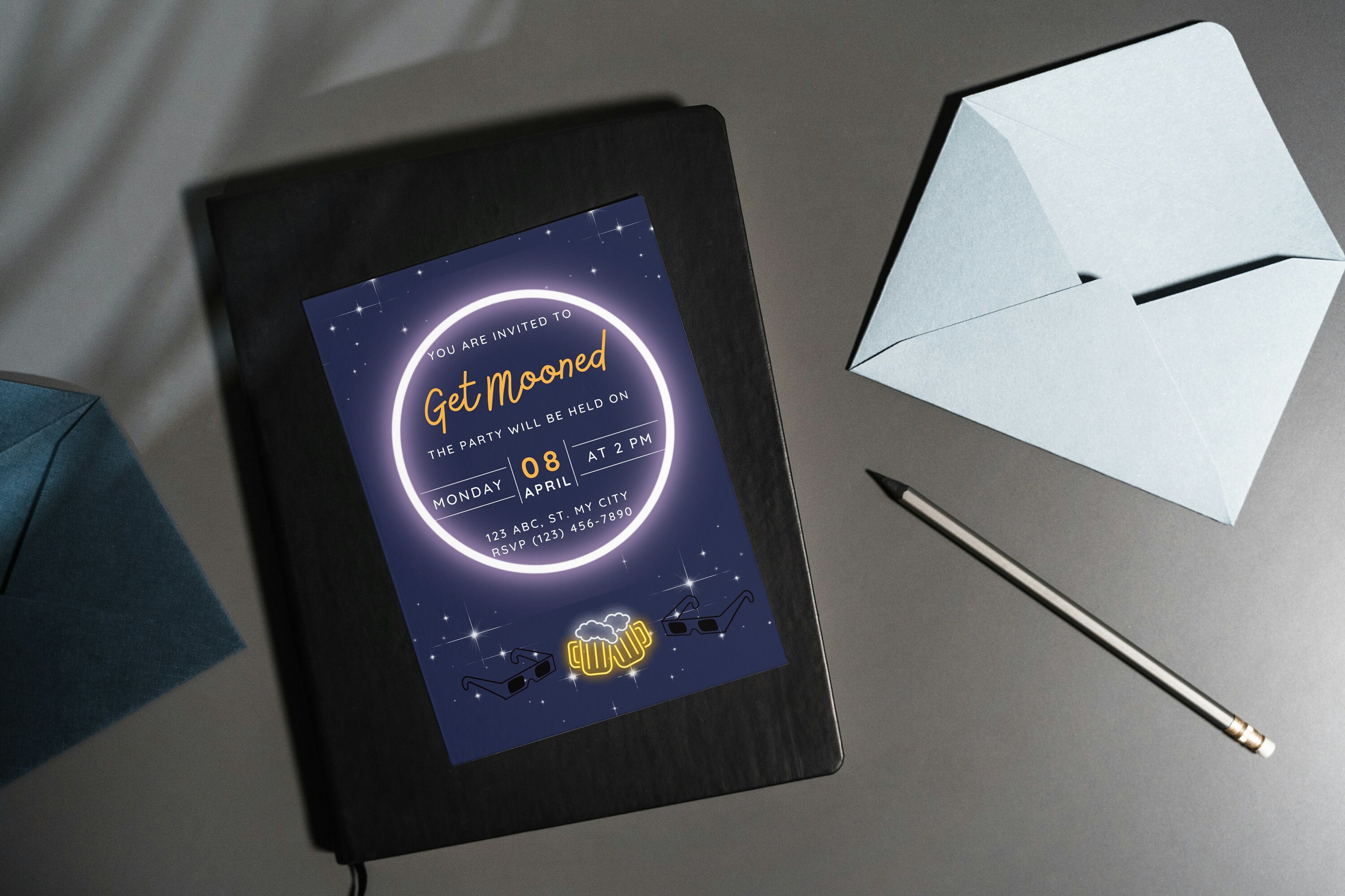 Solar Eclipse 2024 'get Mooned' Invitation Customizable Neon Printable ...