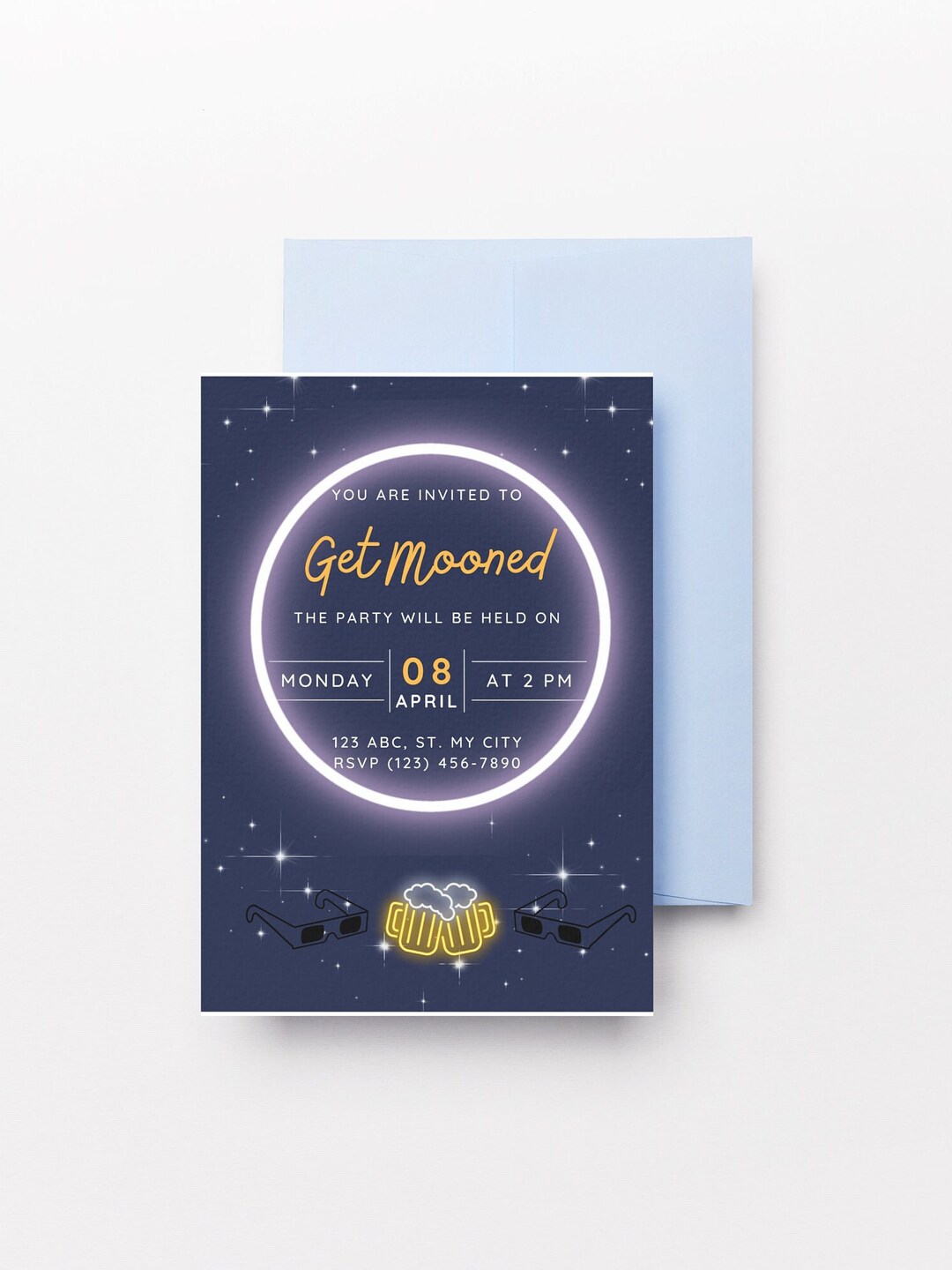 Solar Eclipse 2024 'get Mooned' Invitation Customizable Neon Printable ...
