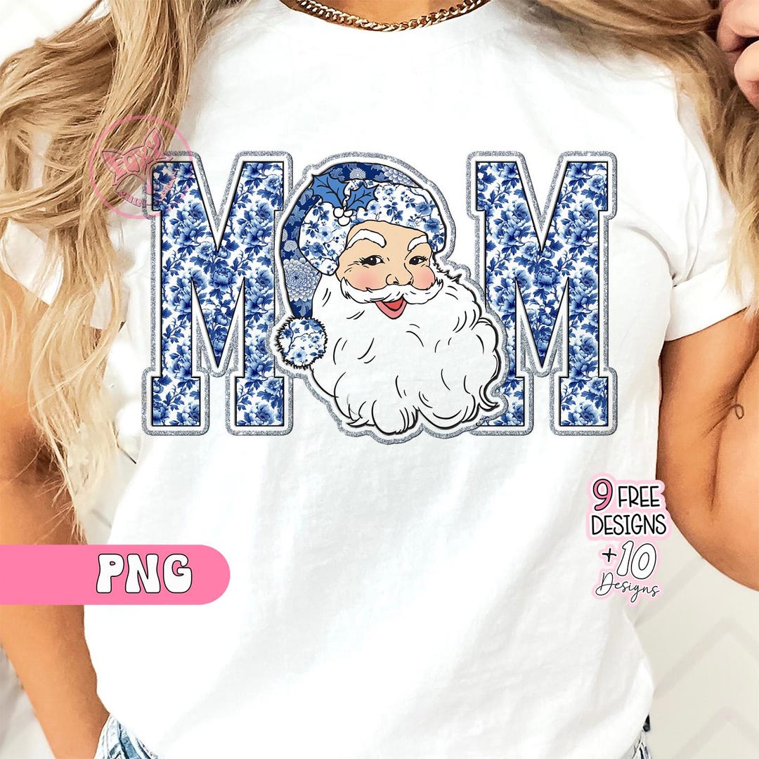Christmas Santa Mom PNG, Blue Toile Mom Botanical Flower Lover Png ...