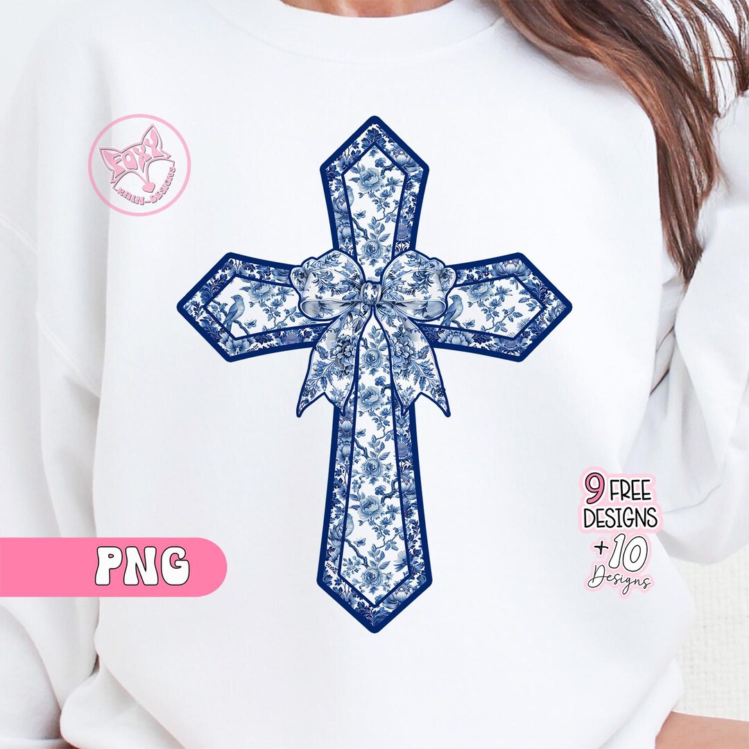Cross Chinoiserie Bow Star Png, Coquette Blue Willow Sublimation ...