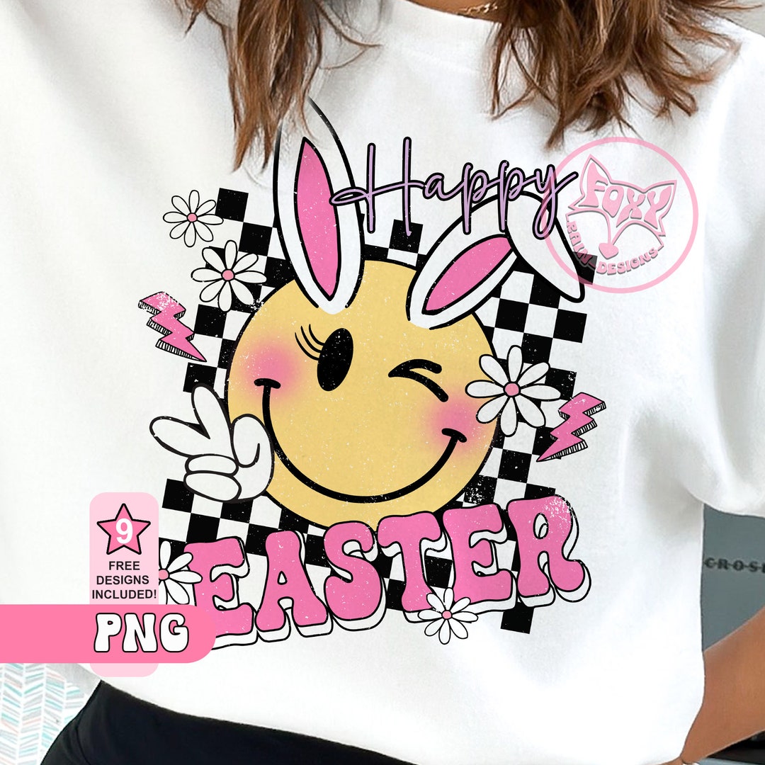 Happy Easter Smiley Face Retro Checkered Bunny Ears Smiley Sublimation ...