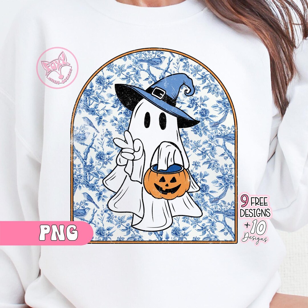 Retro Blau Toile Hexenhut Geist PNG, Kokette Blaue Blumen Halloween ...