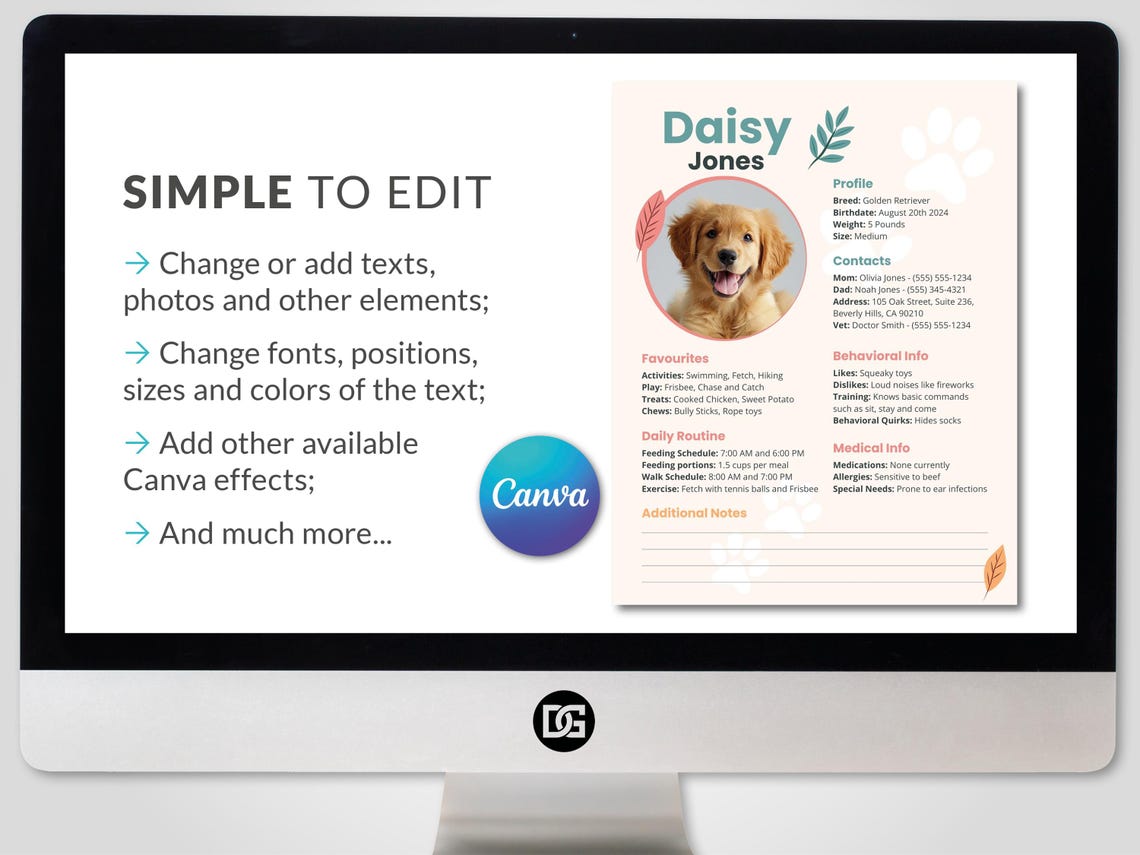 Pet Profile CANVA Template Printable Instant Digital Download Pet ...