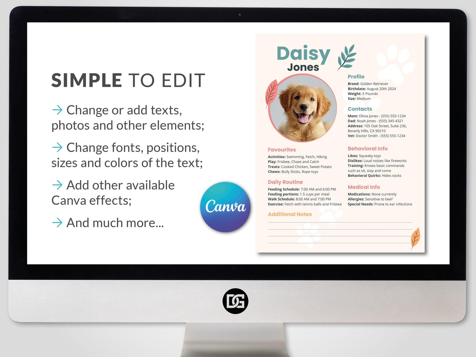 Pet Profile CANVA Template Printable Instant Digital Download Pet ...