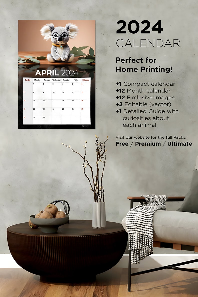 2024 Wildlife Calendar Printable at Home Anual 12 Twelve Sheet Pdf Home ...