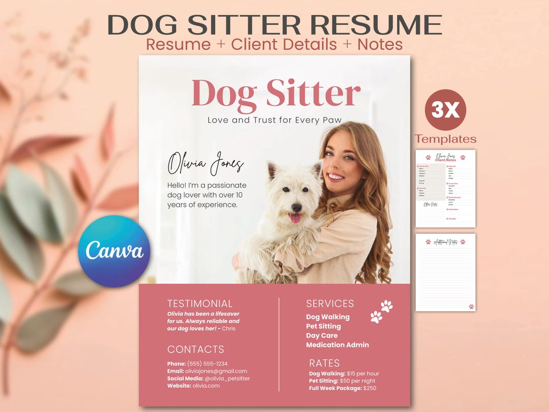 Dog Sitter Resume Template: Editable Pet Care Profile (CANVA) - Etsy