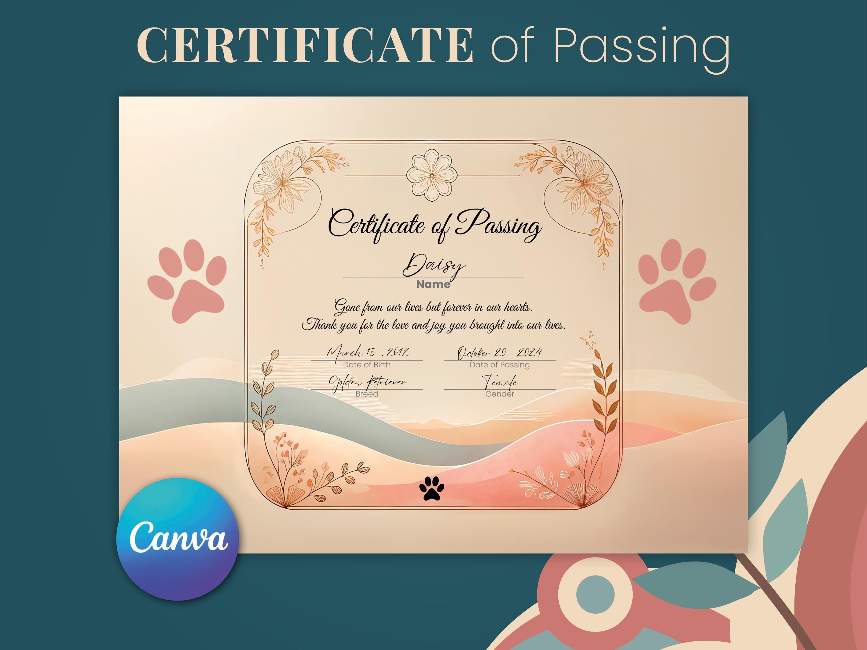 Dog Passing Certificate Template: Customizable Pet Memorial (canva ...