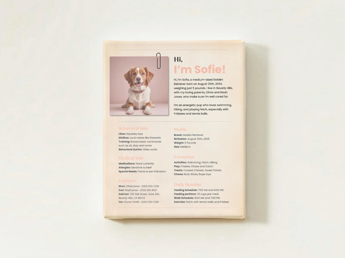 Pet Profile CANVA Template Printable Instant Digital Download Pet ...