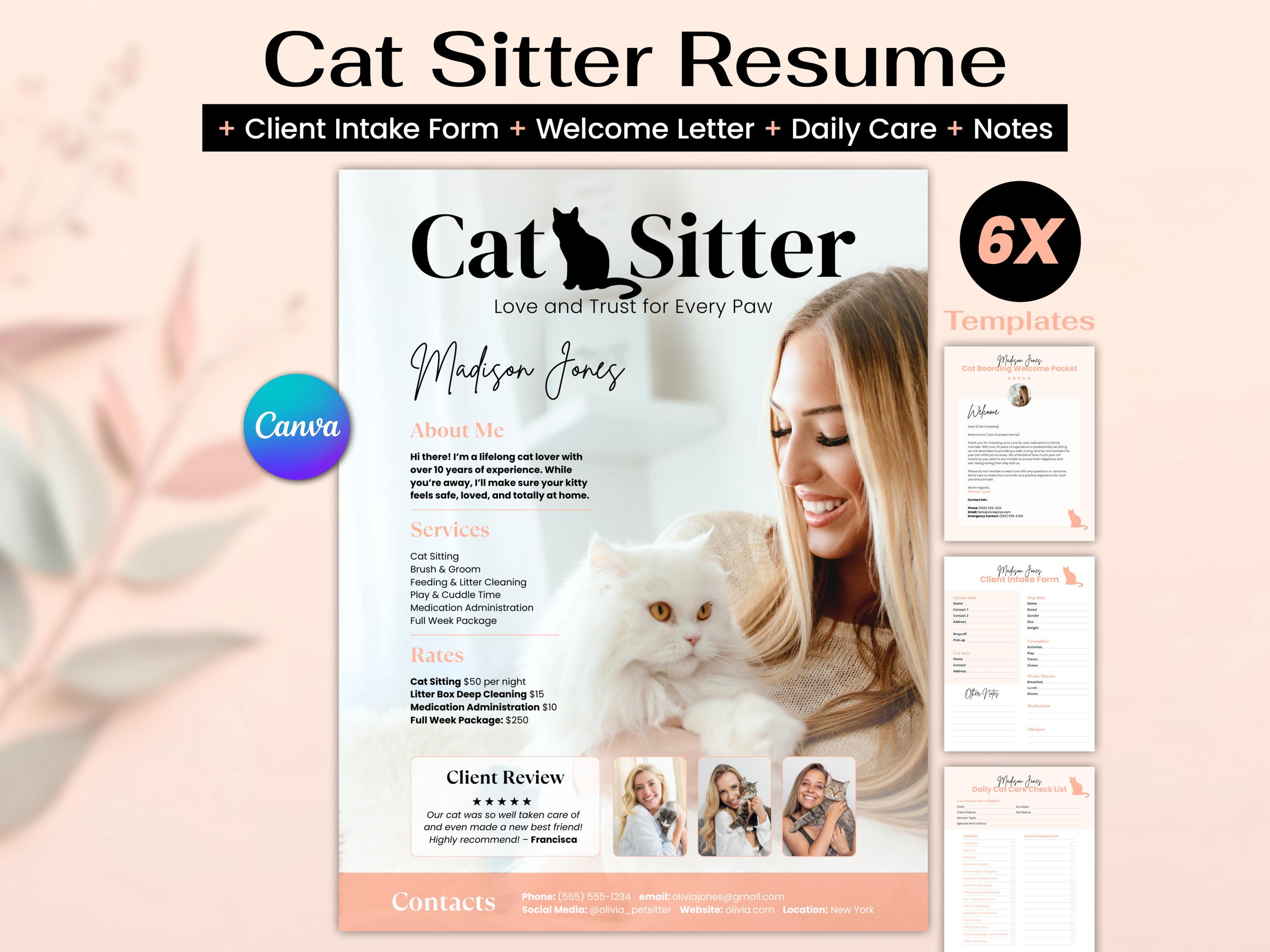 Cat Sitter Resume Template: Client Intake Form, Care Notes (canva ...