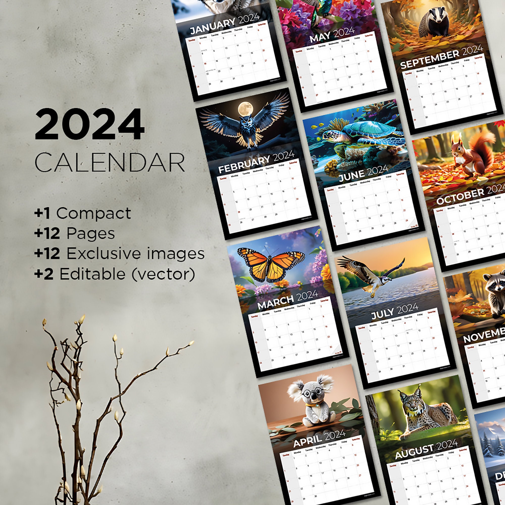 2024 Wildlife Calendar Printable at Home Anual 12 Twelve Sheet Pdf Home ...