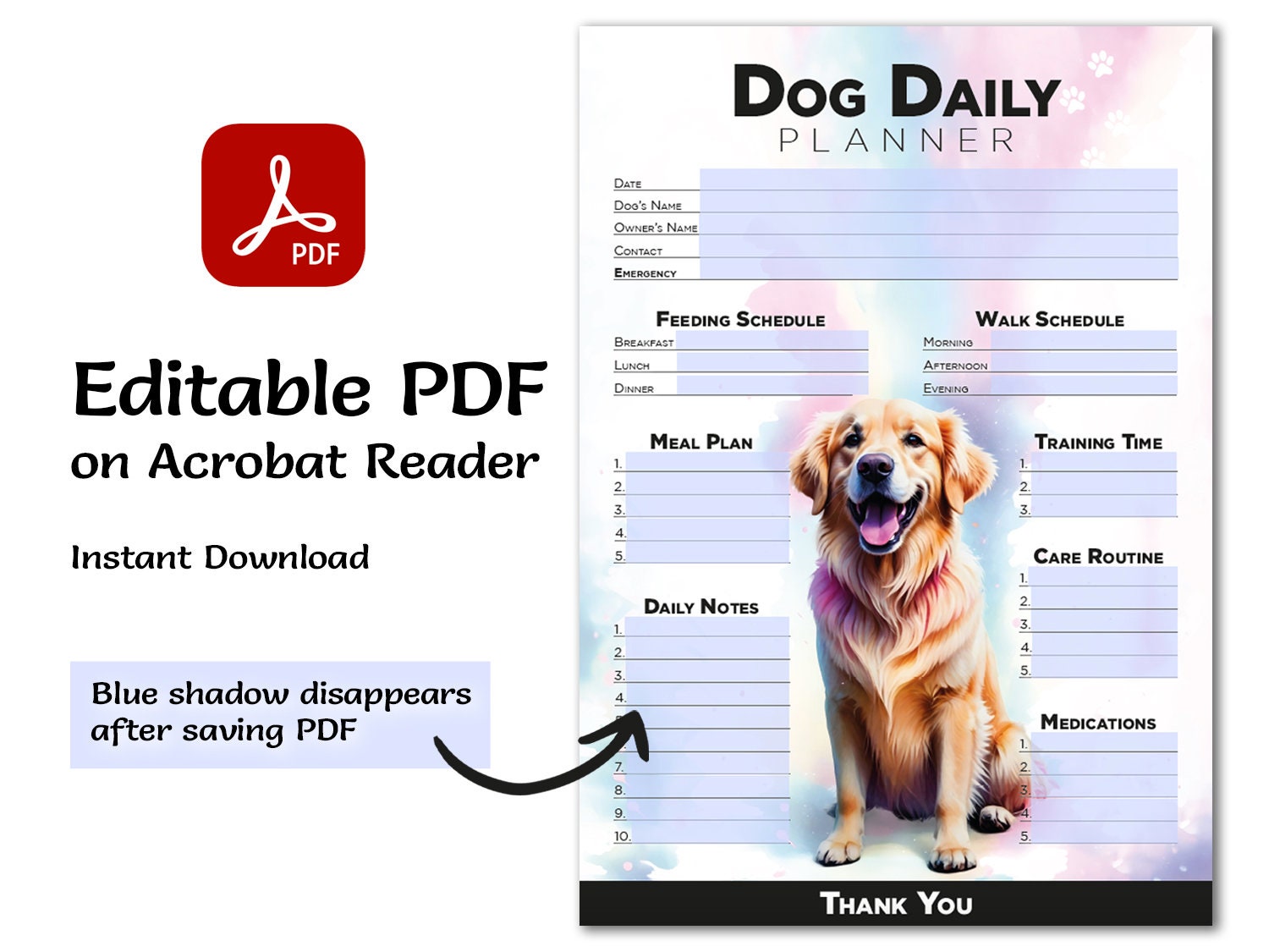 Editable Printable and Digital Use Golden Retriever Dog Daily Planner ...