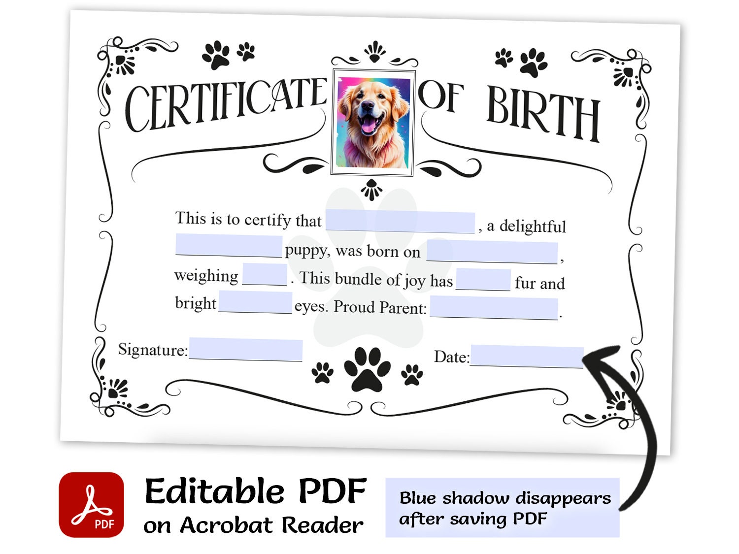 Editable Printable and Digital Use Dog Birth Certificate for Girl or ...