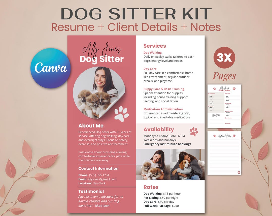 Dog Sitter Resume Template: Pet Care Client Profile (canva Editable ...