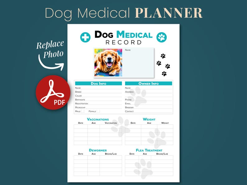 Dog Medical Record Printable: Vet Health Tracker, Dog Sitter Manual ...